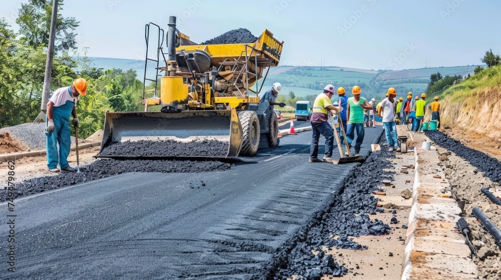 Road construction workers' teamwork, tarmac laying works at a road ...