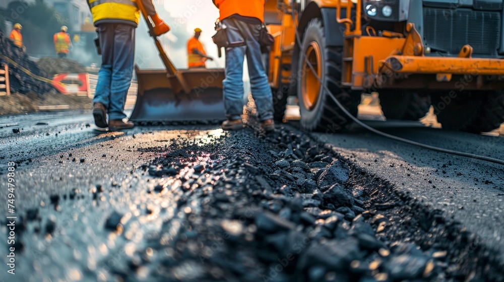 Road construction workers' teamwork, tarmac laying works at a road ...