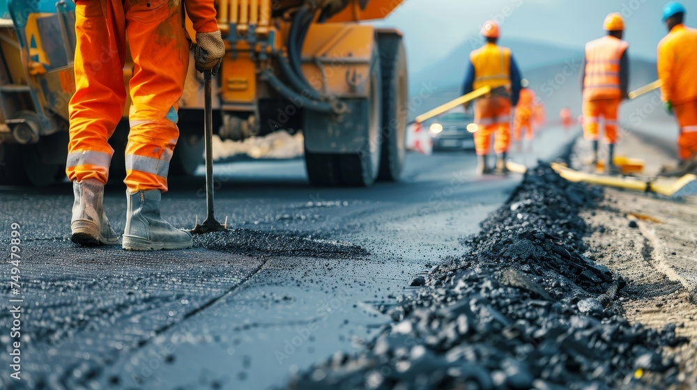 Road construction workers' teamwork, tarmac laying works at a road ...