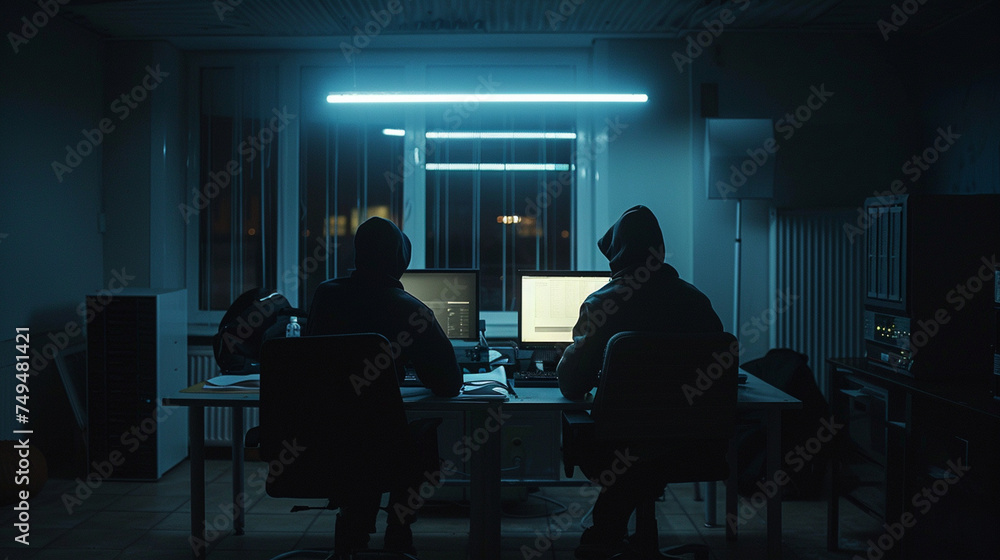 Amidst the shadows of a closed office, men wearing balaclavas are ...