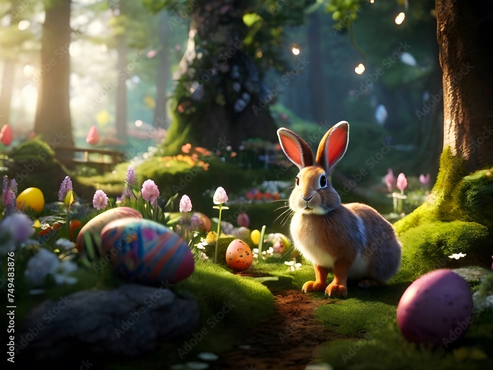 Easter bunny in a magical forest with enchanting landscapes and easter eggs Stock Illustration ...