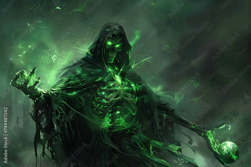 Undead wizard necromancer in dark cloak, green energy radiating from ...