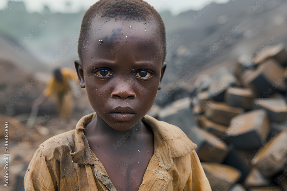 conceptual image African child who suffers working all day in inhumane ...
