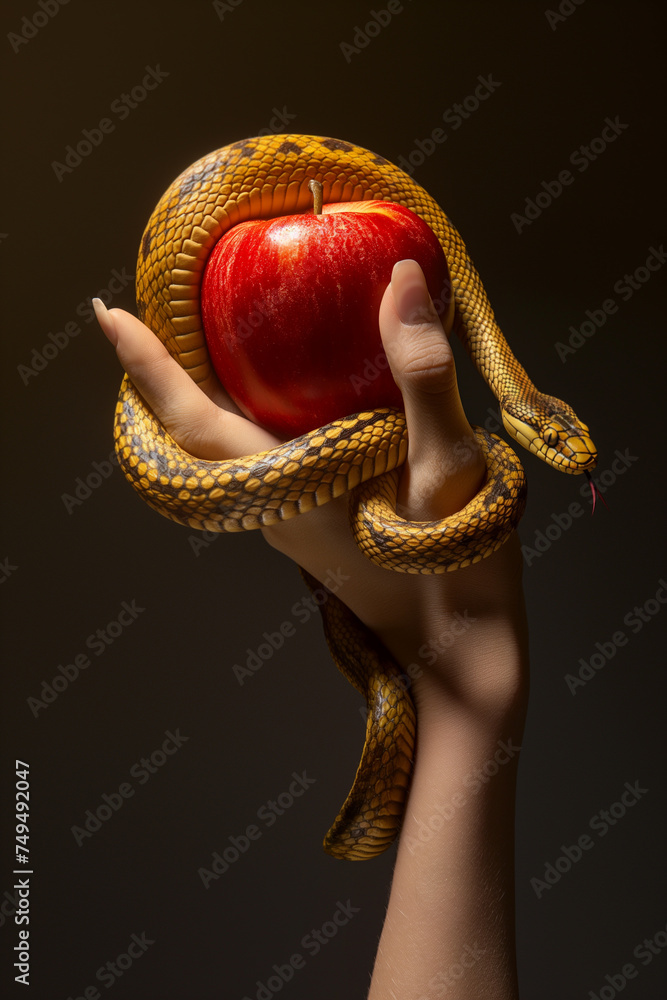 Good and evil. Hand, snake, fruit. Temptation concept. Hand of Eve ...