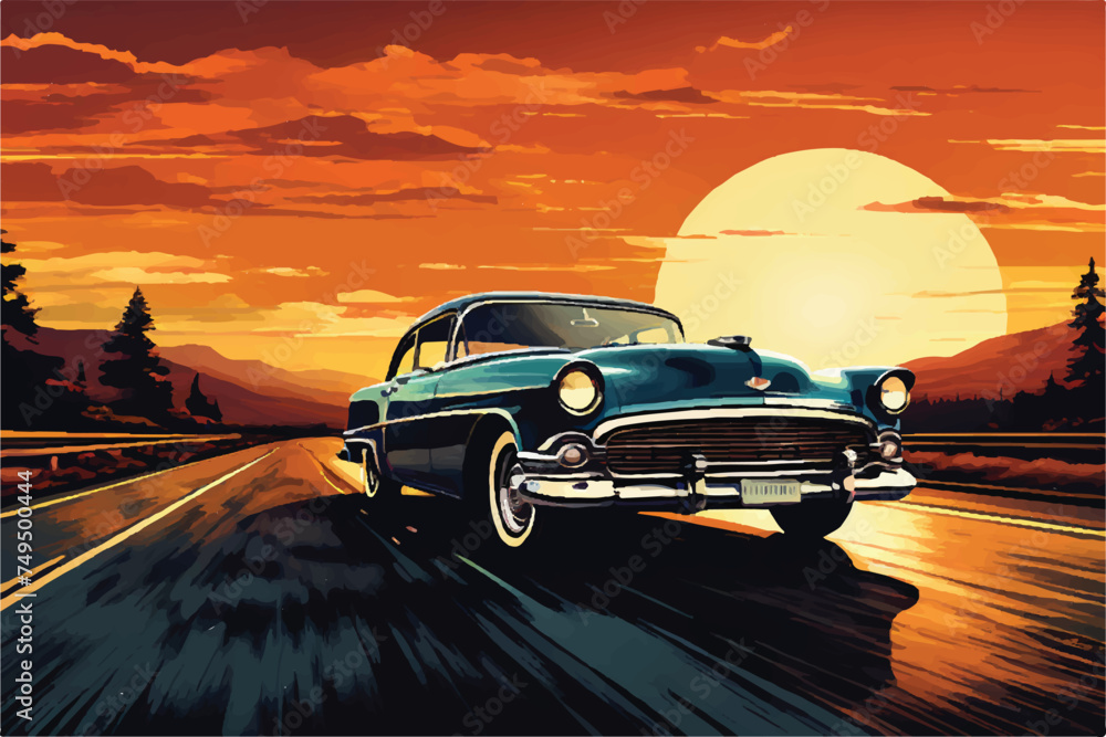 Classic vintage car on highway illustration. Beautiful retro car ...