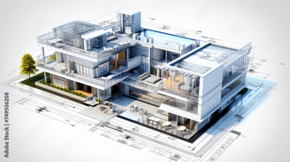vision of architecture of a 3d model house project with blueprint Stock ...