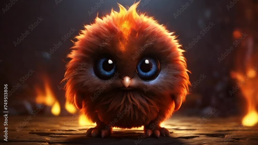 A 3D cartoonish, whimsical character with a fiery appearance and large ...