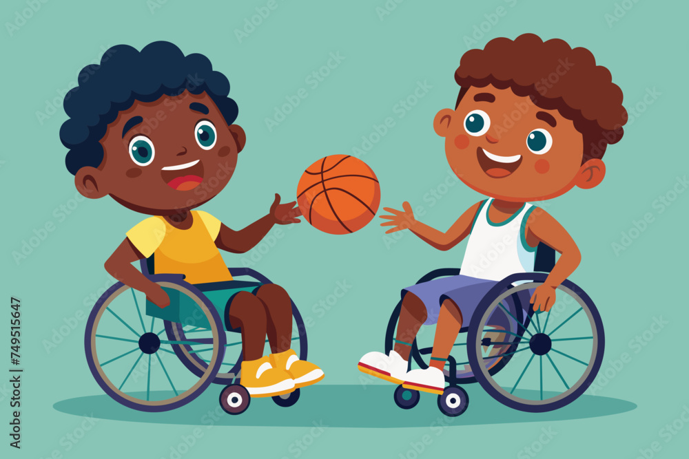 Two dark skinned boys in wheelchairs and play basketball. Inclusive ...