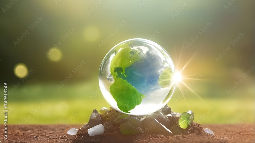 Earth transparent crystal glass globe with continents on daytime nature ...