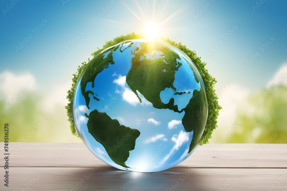 Earth transparent crystal glass globe with continents on daytime nature ...