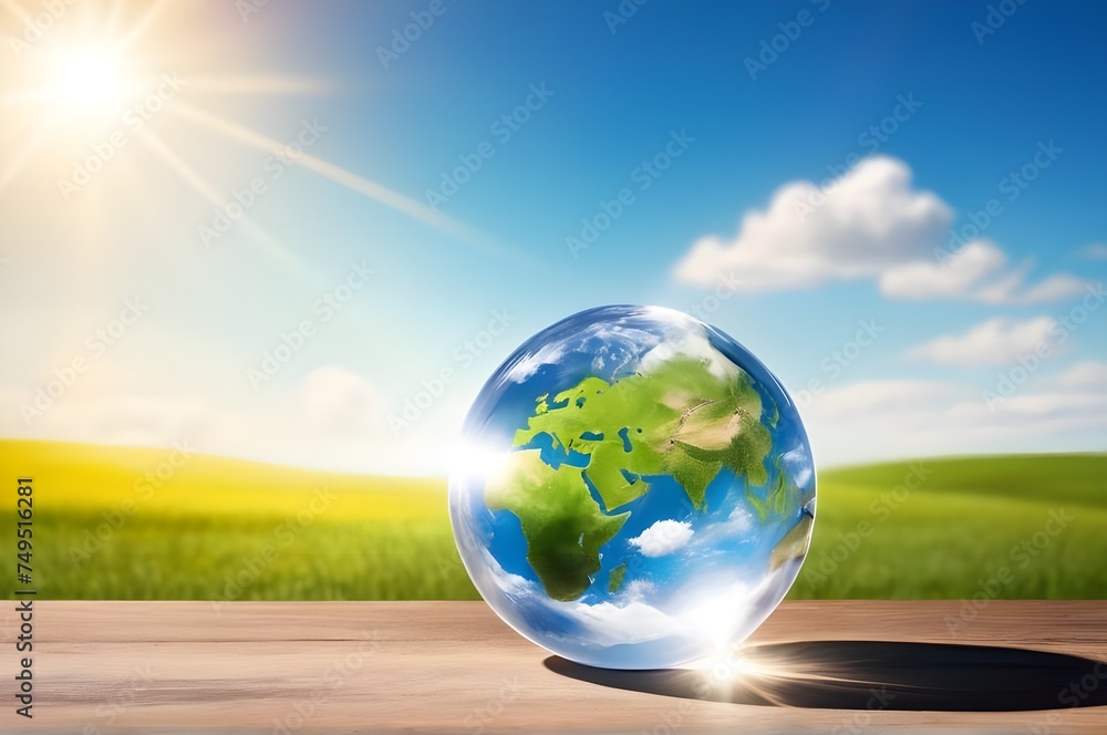 Earth transparent crystal glass globe with continents on daytime nature ...