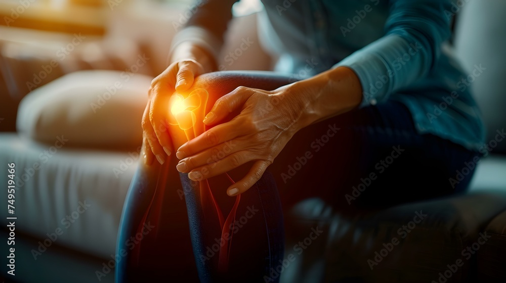 Managing Arthritis Pain: A Woman's Hand Holding Her Knee on a Couch at ...