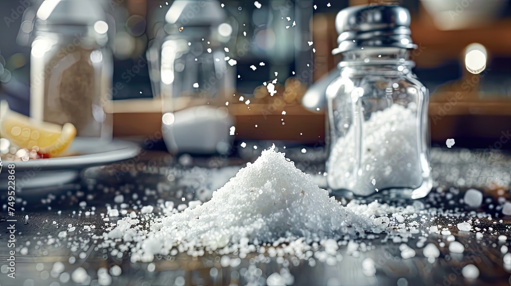 moment of spilled salt and a salt shaker, highlighting the culinary ...