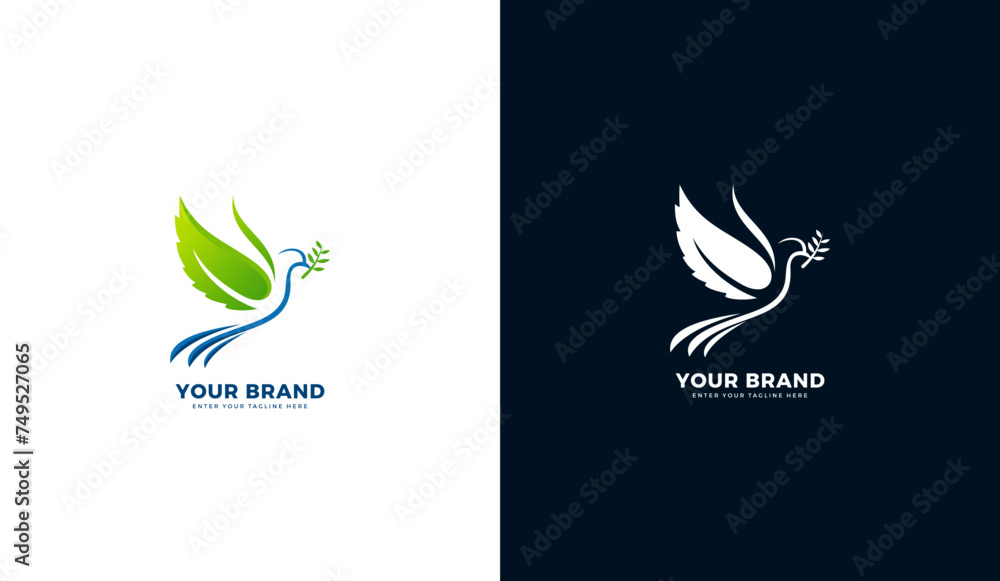 Leaf wing dove logo. Peace dove icon design, flying carrying plants ...