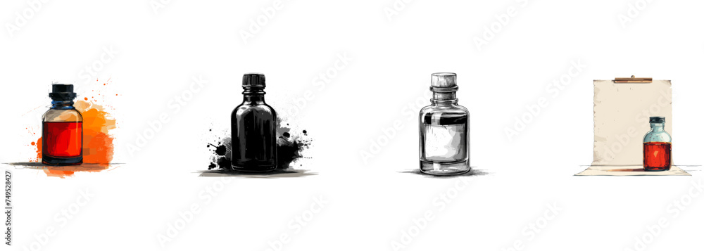 Ink bottle, calligraphy, writing clipart vector illustration set Stock ...