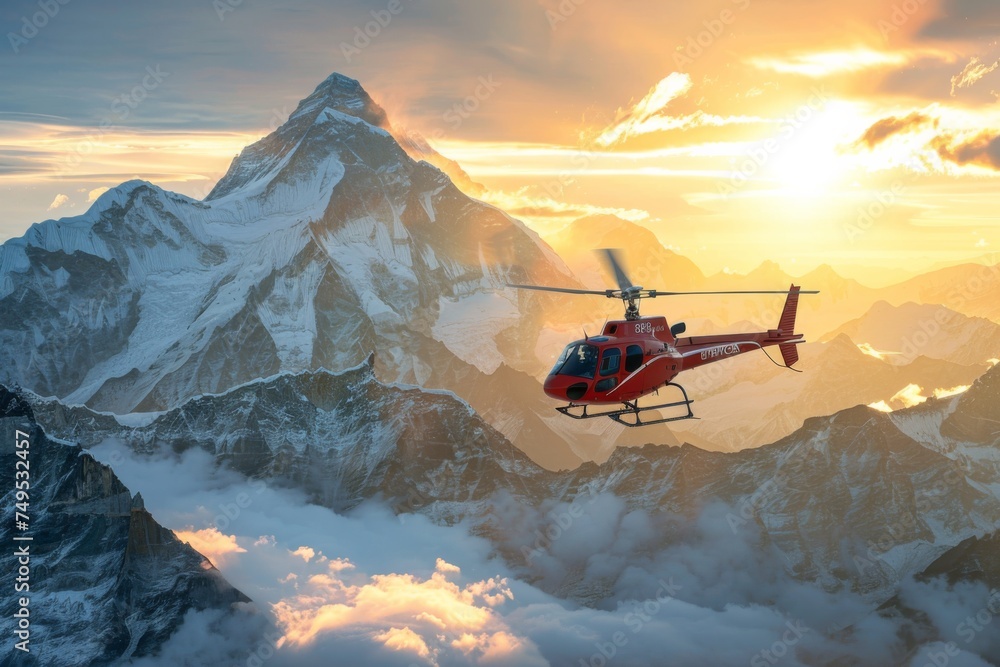 A helicopter flying over mount Everest on sunrise Stock Photo | Adobe Stock