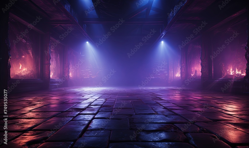 Neon magical dungeon with lighting background. Abandoned 3d mystic ...