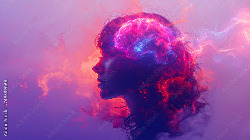 Double brain exposure image of a human profile for mental wellness ...