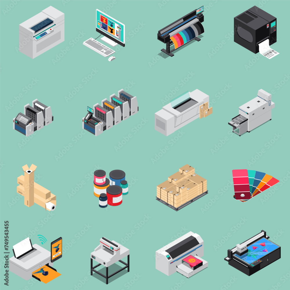 printing house equipment production isometric icons set with digital ...