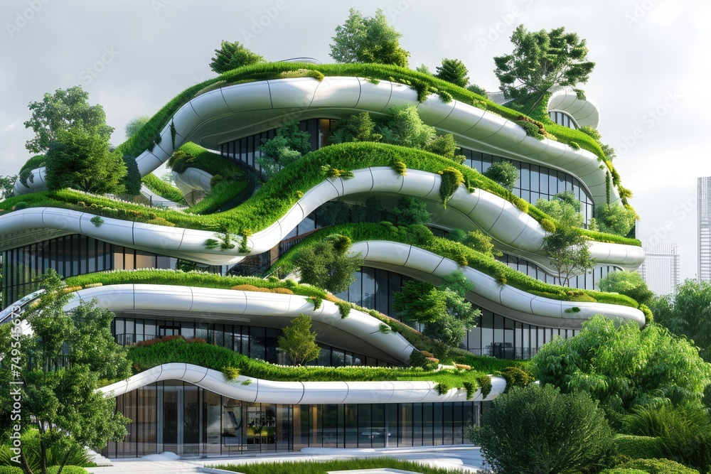 Innovative green building architecture with lush plant life ...