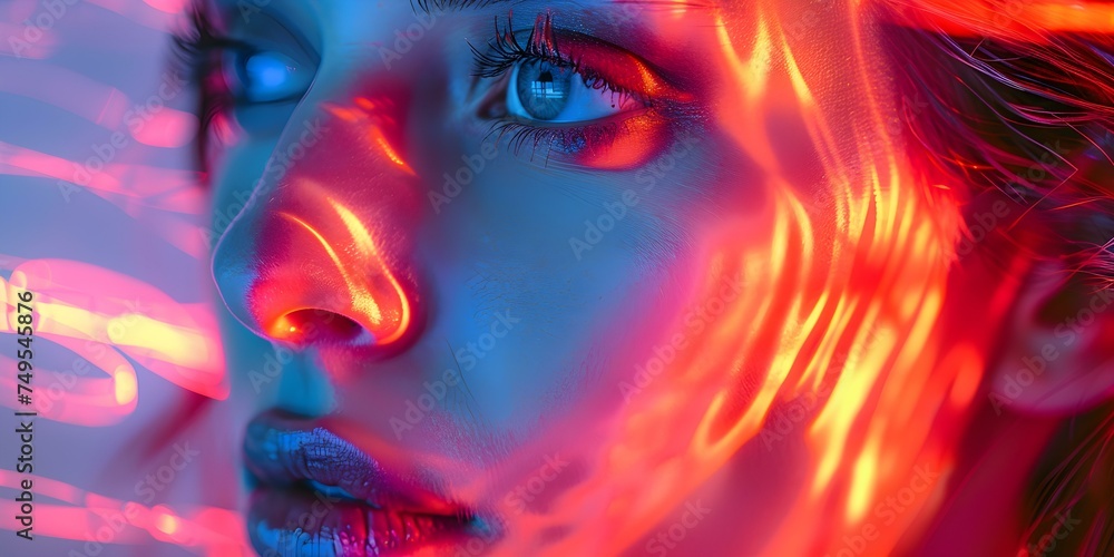 Eerie closeup of womans face with glowing brain waves. Concept Surreal ...