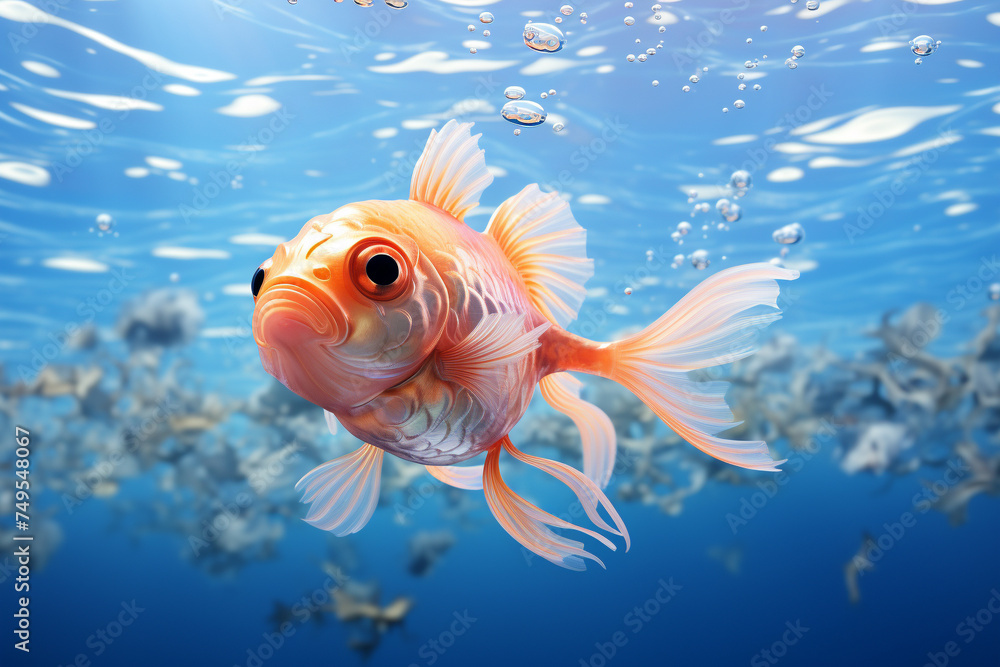 Solitary golden fish with flowing fins and bubbles, swimming in the ...
