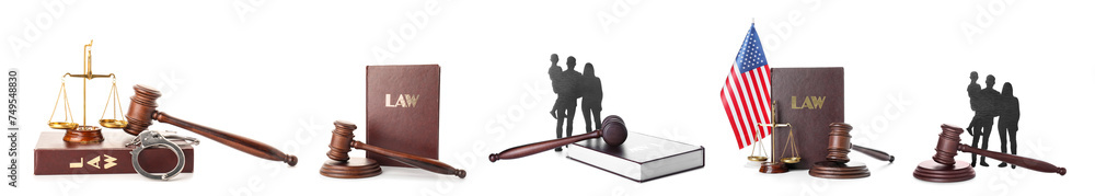 Collage of judge's gavels, law books, scales of justice, handcuffs and ...