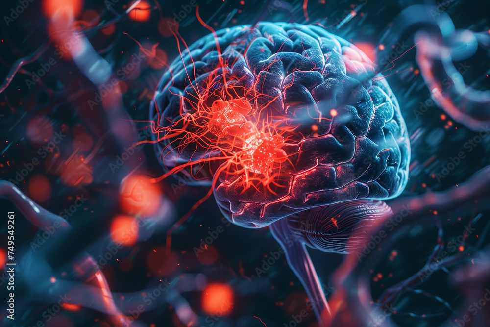 Medical illustration of a brain with highlighted areas indicating ...
