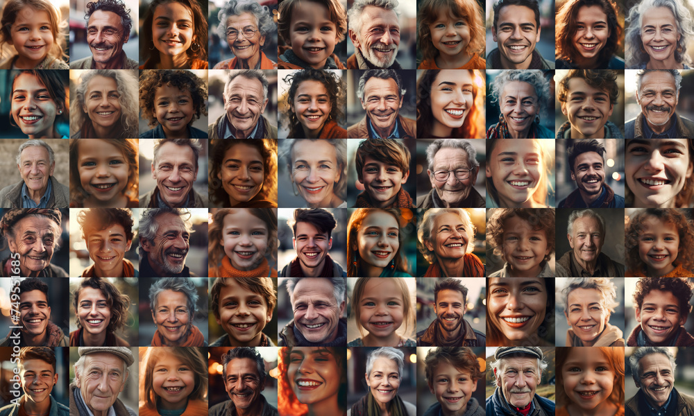 collage of European people smiling, collage of portrait, grid of 60 ...