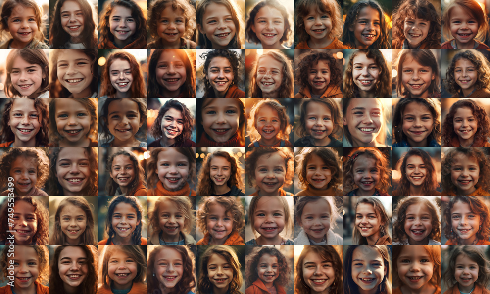 collage of European young girls smiling, collage of portrait, grid of ...