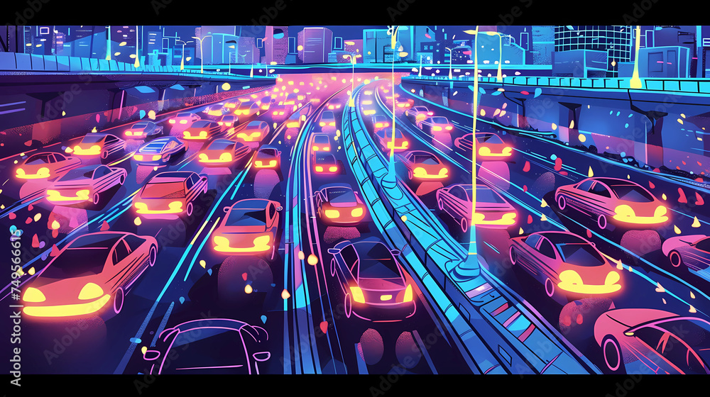 Ilustrative vector graphic urban traffic jam of the future highway ...