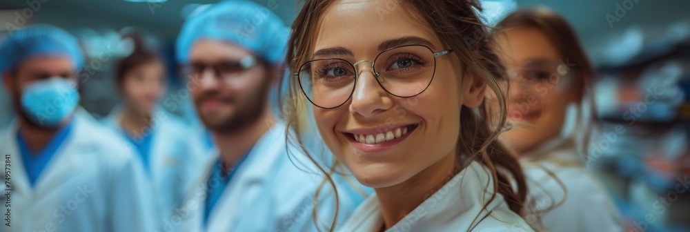 Happy and curious medical students in a group, showcasing teamwork and ...