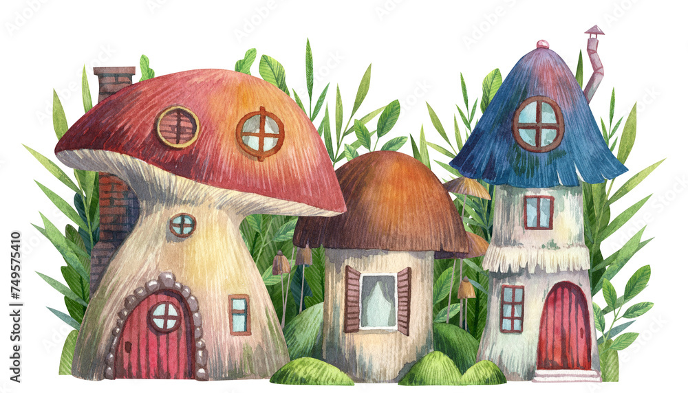 Fairy tale mushroom houses village illustration. Cute gnome fairy ...