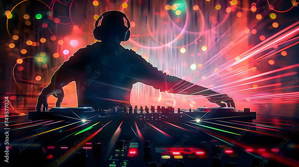 Generative AI illustration of a DJ with headphones playing music in a ...
