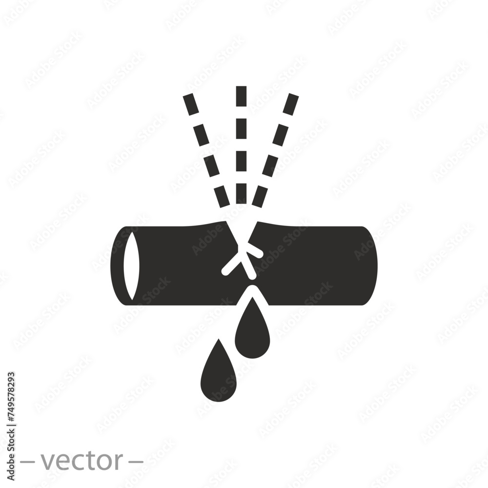 crack water leak icon, pipe burst, plumbing damage result, flat symbol ...