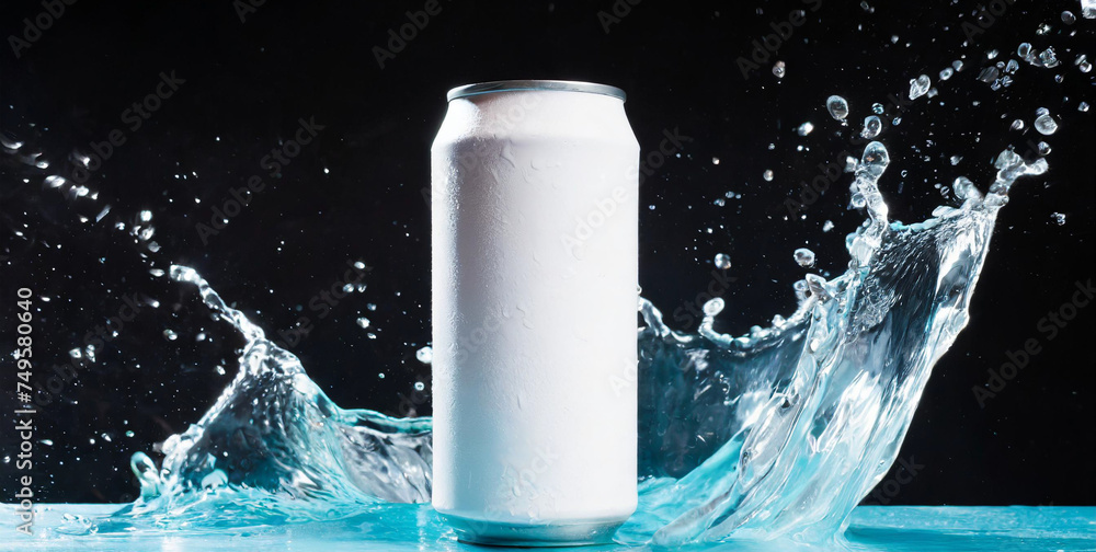 plain soda can mock up product isolated in solid background with splash ...