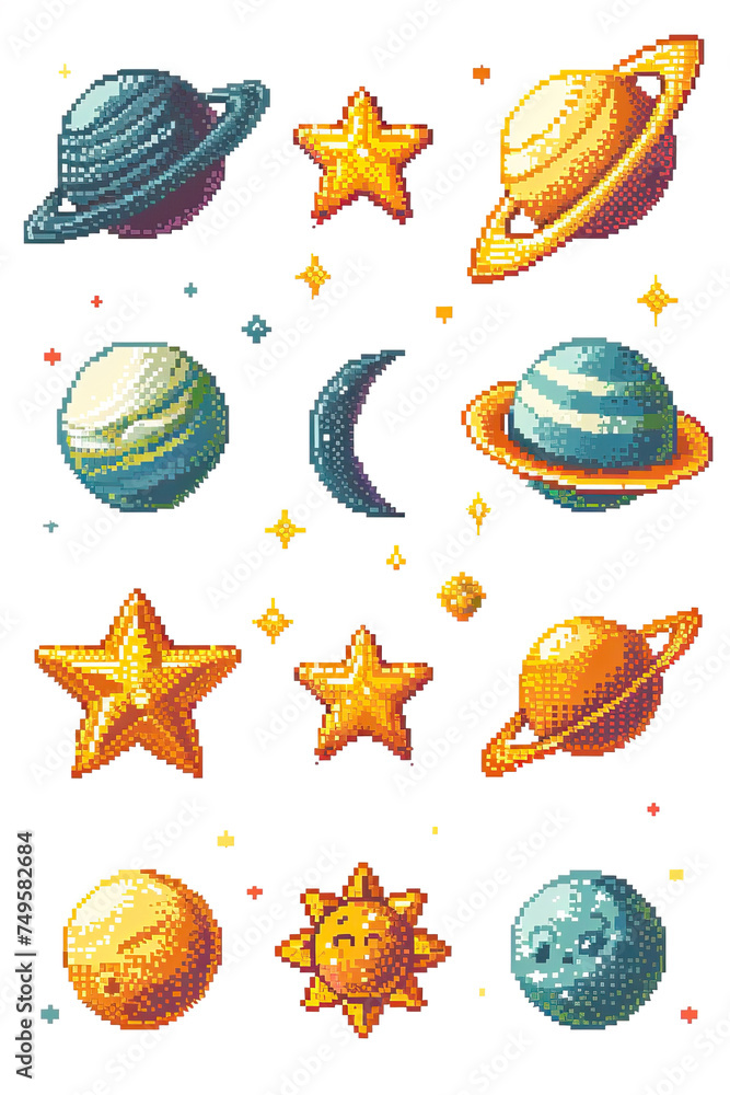 retro vintage pixel art old game graphics set bundle of planets ...