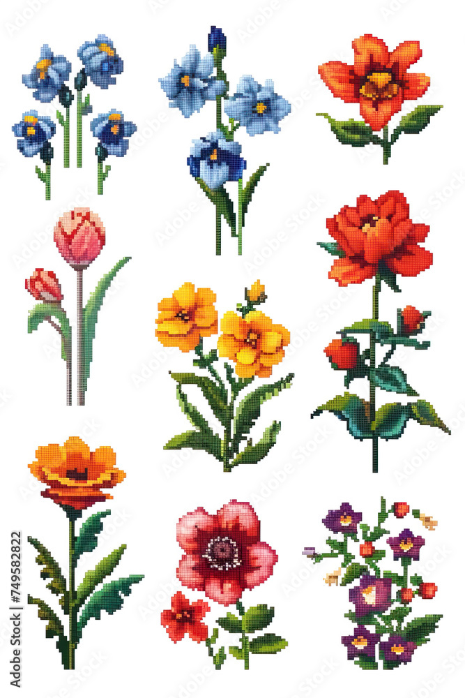 Retro Vintage Pixel Art Old Game Graphics Set Bundle Of Flowers Floral Botanical Icons Symbols