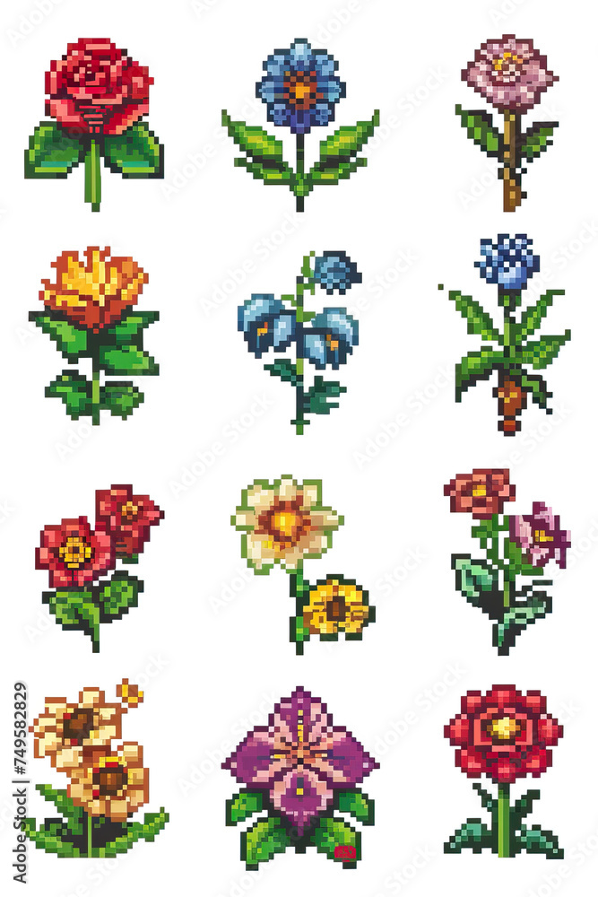 retro vintage pixel art old game graphics set bundle of flowers floral ...