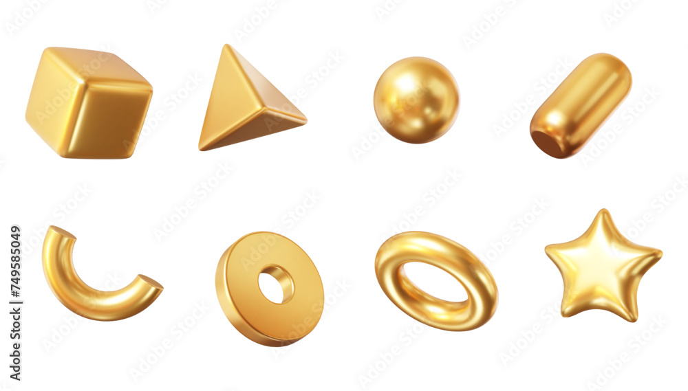 3d set gold shapes: square, sphere, pyramid, torus, star, icosphere ...