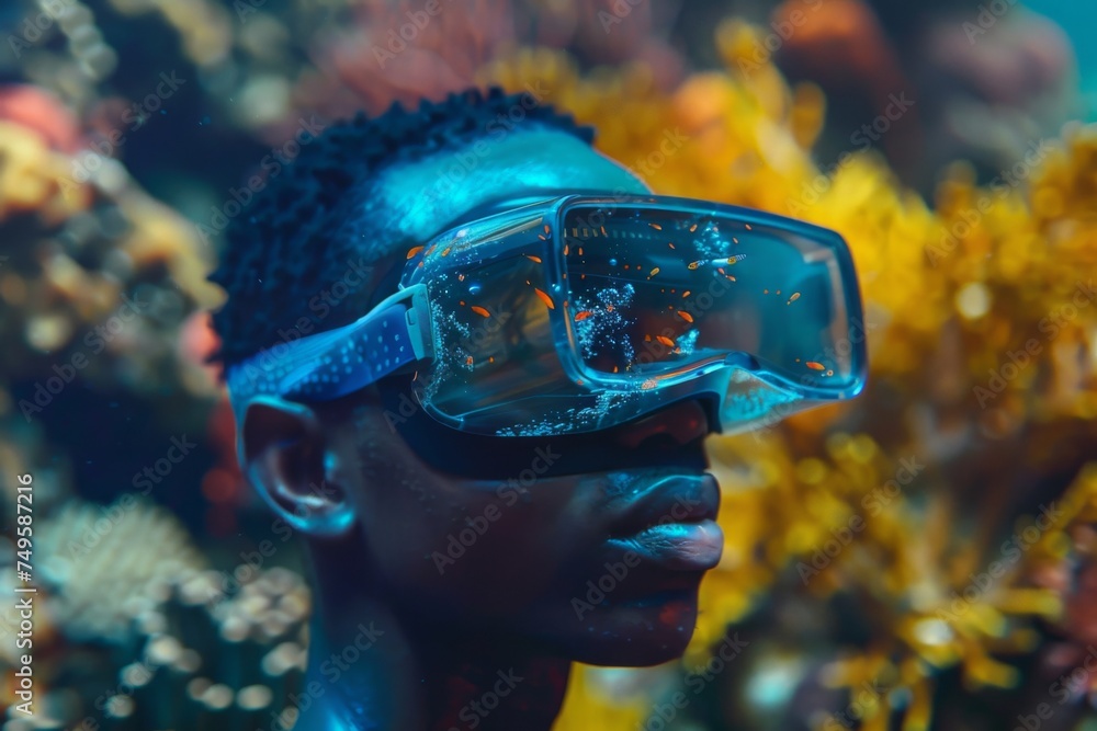 A young man in dive goggles is immersed in the underwater realm, his ...