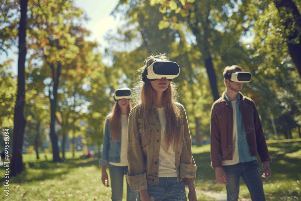 In a serene park, a young trio with virtual reality headsets steps into ...