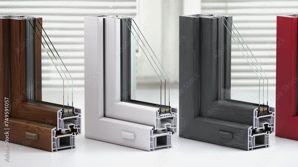 Plastic PVC windows profile samples of different colors. Cross section ...