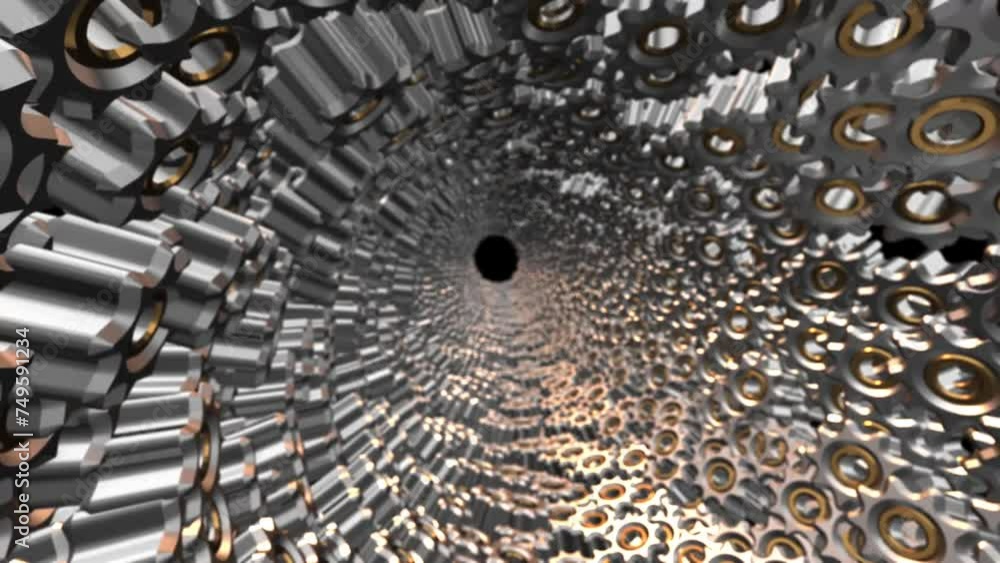 Large tunnel with rotating gears. 3D animation of a cave with iron ...