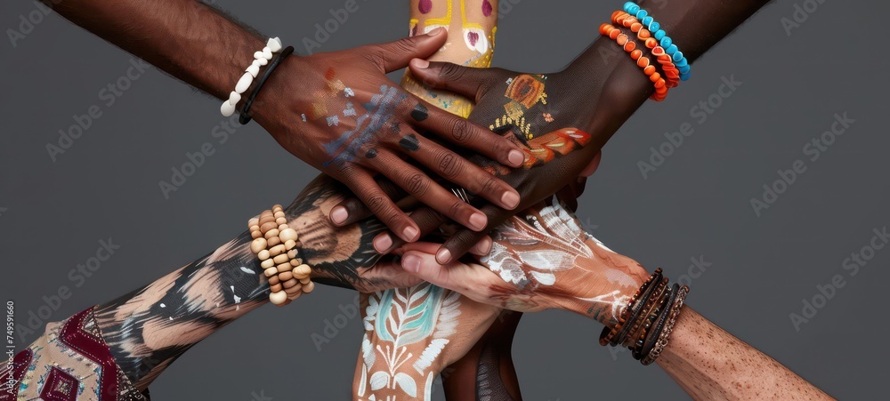 Racial equality. Group of hands together to show equality and unity ...