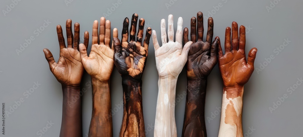 Racial equality. Group of hands together to show equality and unity ...