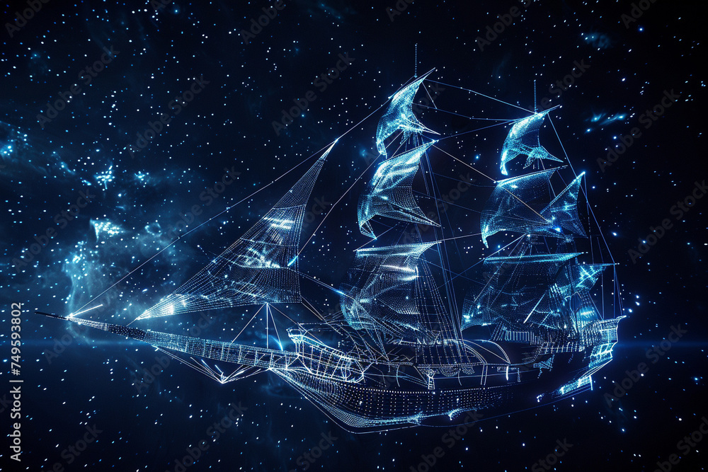A futuristic pirate ship sailing through the cosmos constructed of ...