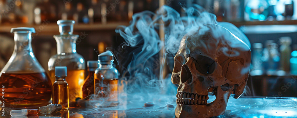 In a dimly lit laboratory a skull surrounded by vials of poison with ...