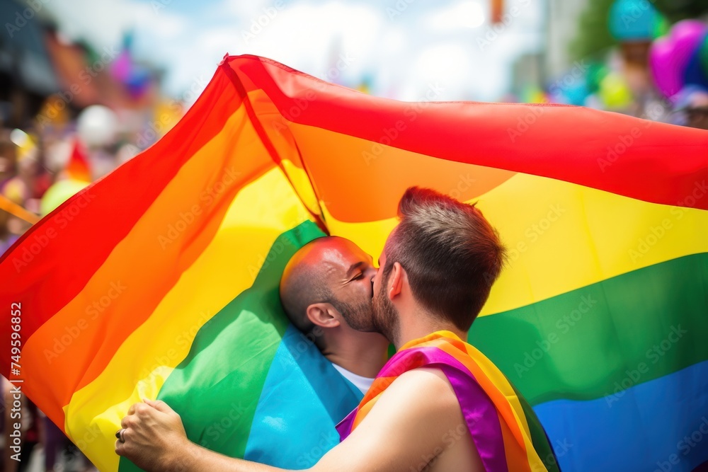Gay couple kissing and holding a rainbow flag at the gay pride parade ...