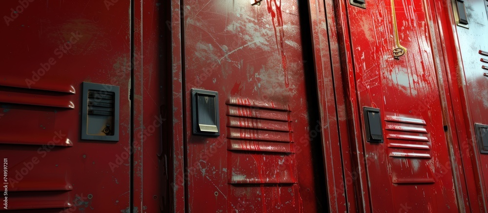 A row of identical red lockers lined up against a wall, each with a ...
